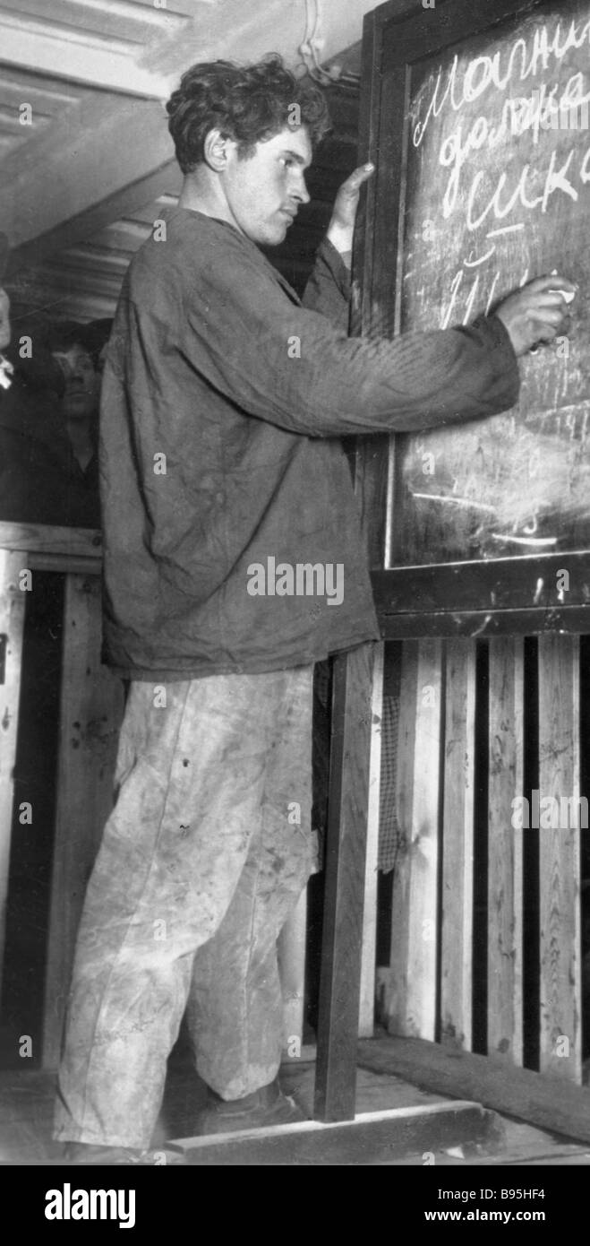 Worker Viktor Kalmykov who has arrived to build Magnitostroi enterprise ...