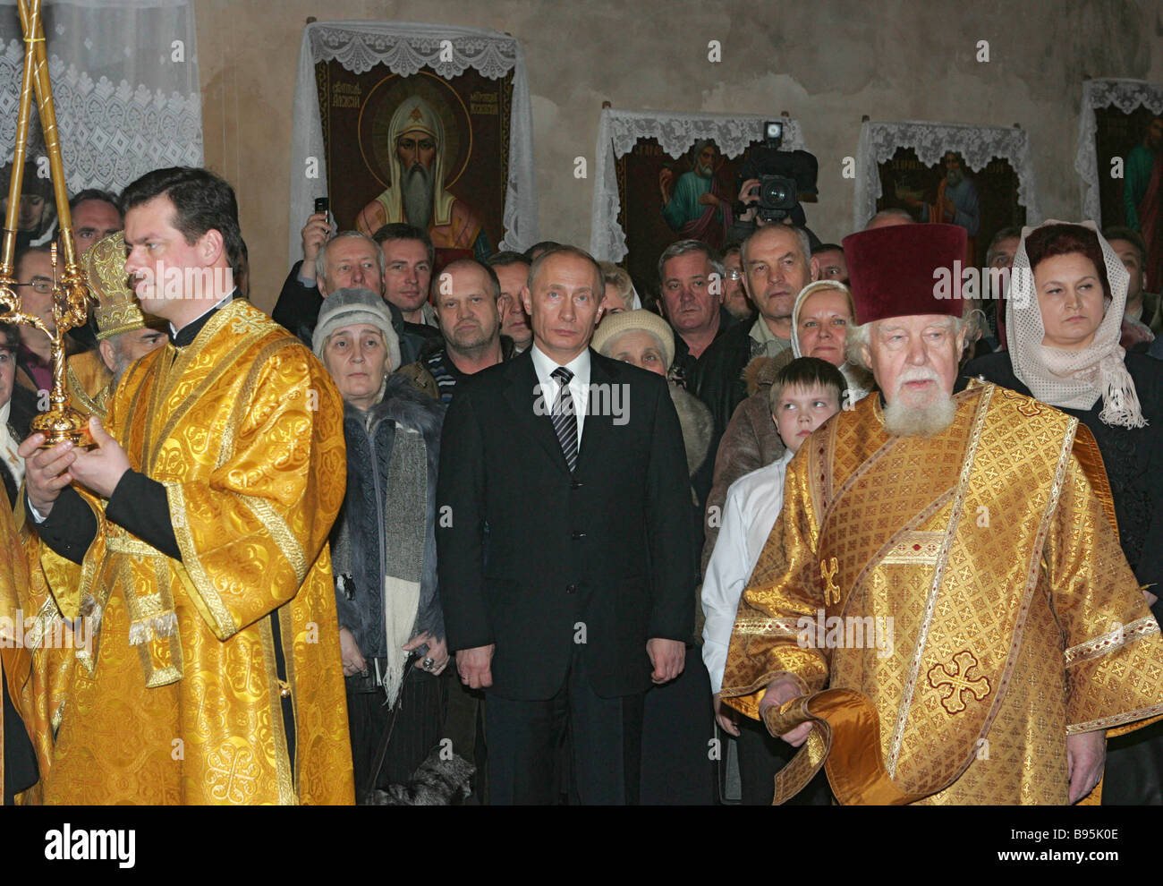 January 12 2008 President Vladimir Putin center attending a prayer ...