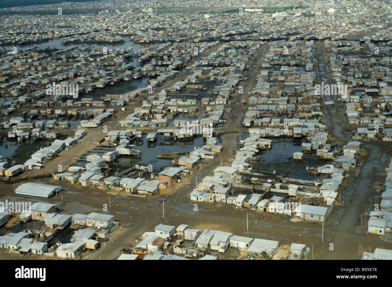 ECUADOR Guayas Province Guayaquil Aerial view over slum housing with ...