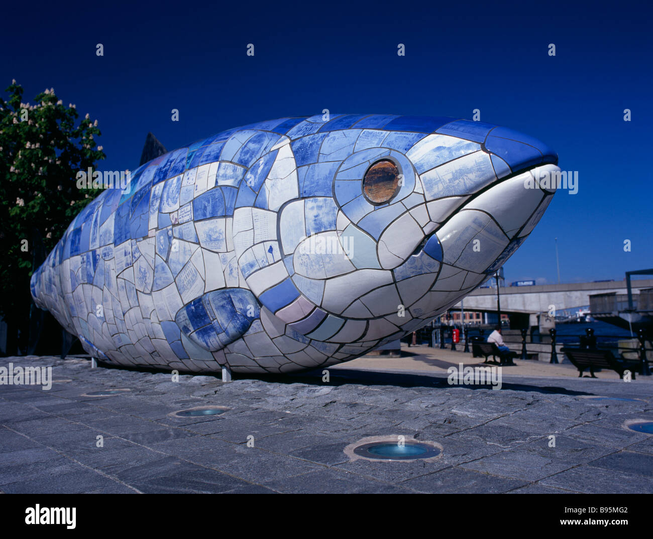 Northern Ireland, Belfast, Lagan Weir. Angled view of the Big Fish ...