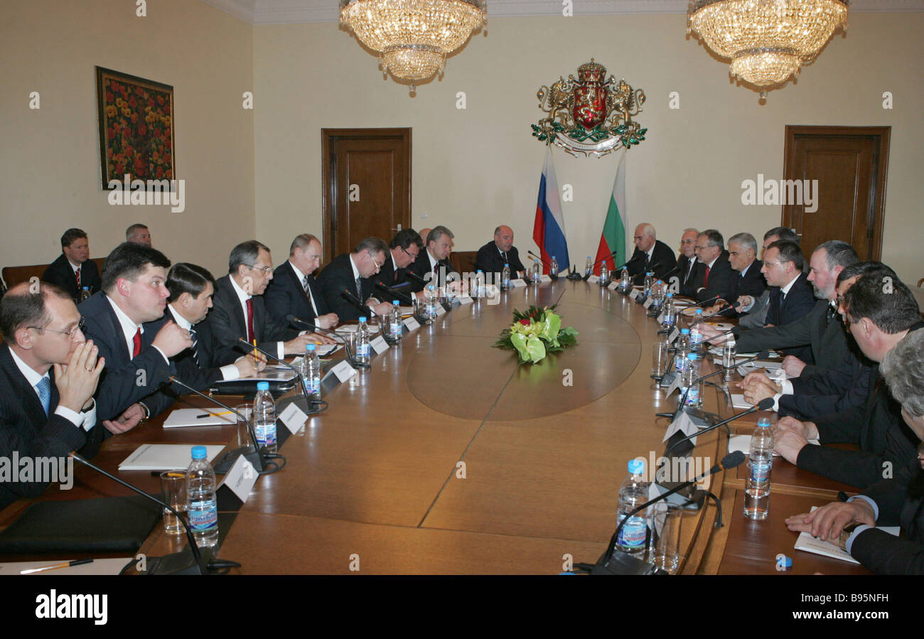 President Vladimir Putin and Bulgarian Prime Sergei Stanishev holding ...
