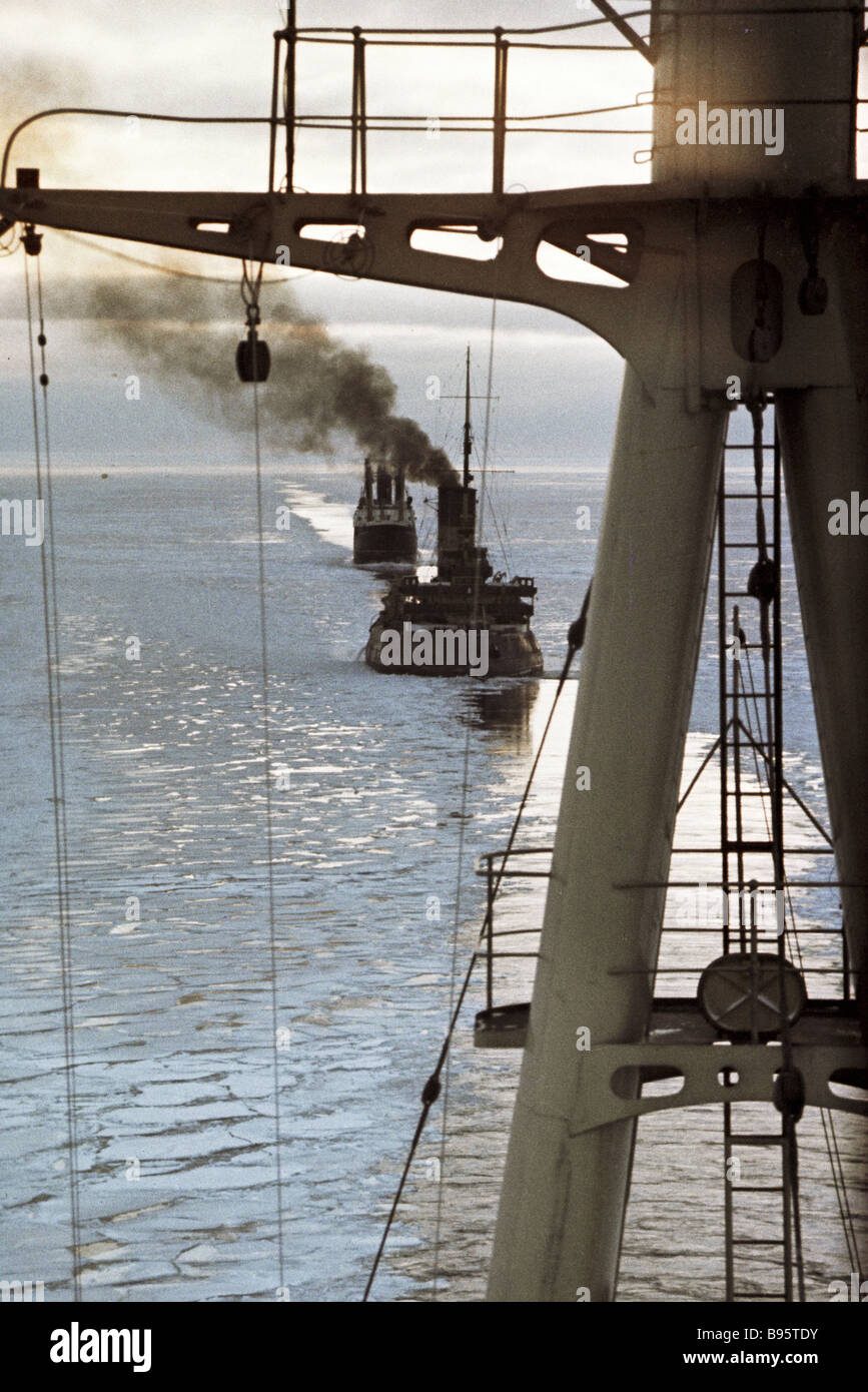 Lenin icebreaker piloting the Yermak icebreaker and Mechanic Bondik ...