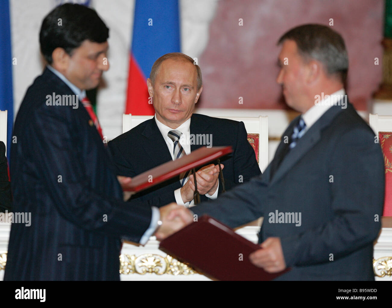 Russian President Vladimir Putin center after signing Russian Indian ...