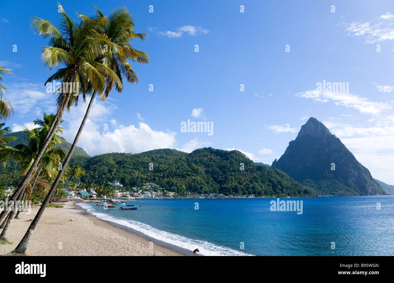 WEST INDIES Caribbean St Lucia Soufriere Pitons beach lined with ...