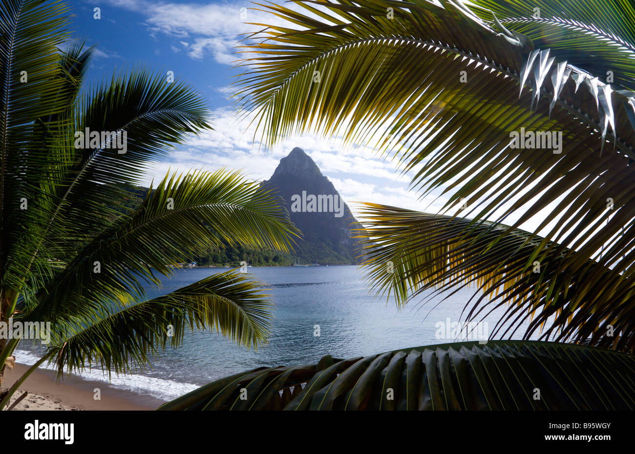 WEST INDIES Caribbean St Lucia Soufriere Beach Pitons Volcanic mountain ...