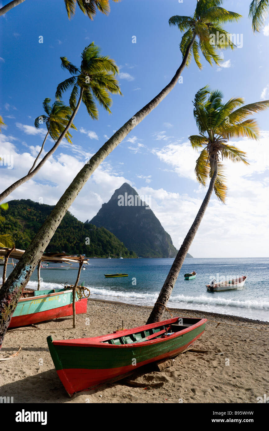WEST INDIES Caribbean St Lucia Soufriere Pitons Fishing boats on the ...