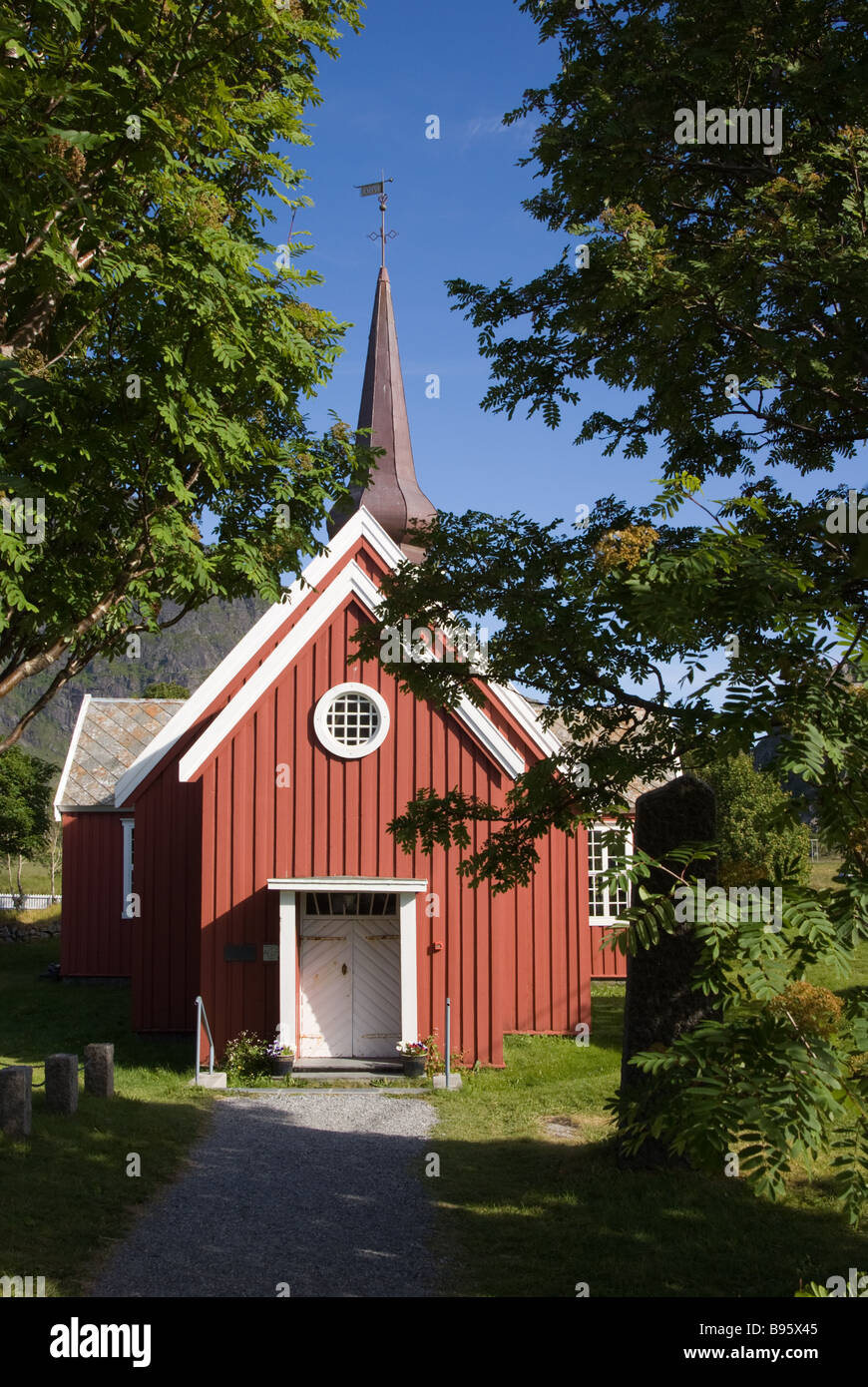 Flakstad church, Flakstad, Flakstadøya island, Lofoten islands ...