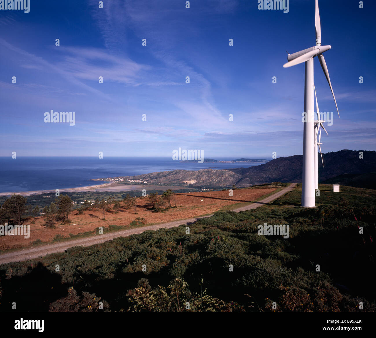 SPAIN Galicia Praia de Carnota Coastal landscape with line of wind ...