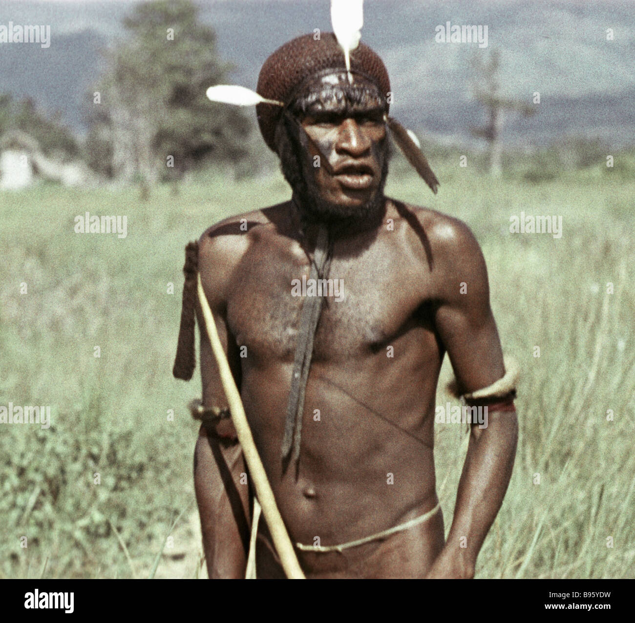A warrior from Dani tribe in his casual wear a grass cap decorated with ...