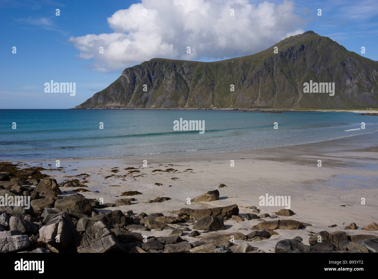 Sandy beach near Ramberg, Flakstad, Flakstadøya island, Lofoten islands ...