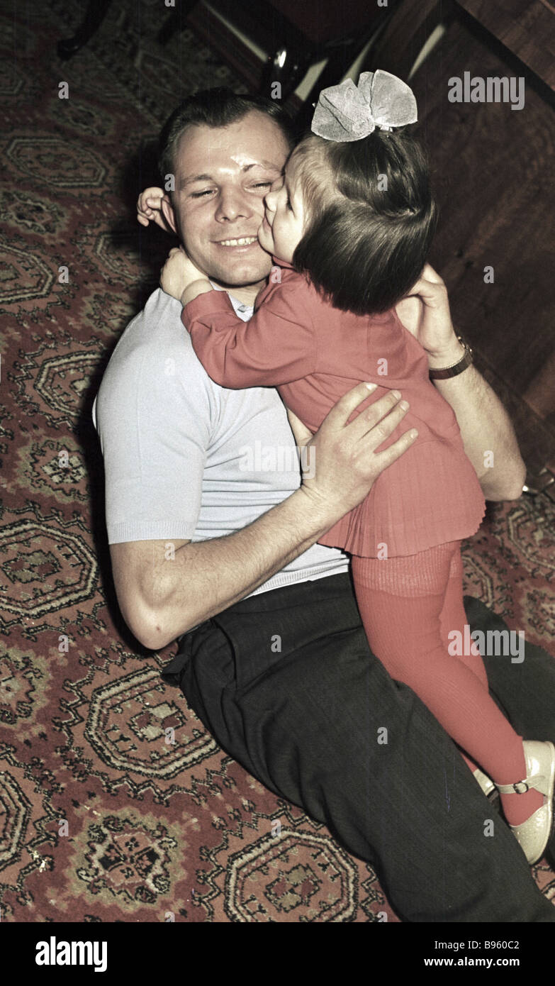 Pilot Cosmonaut Yury Gagarin left with junior daughter Galya right ...