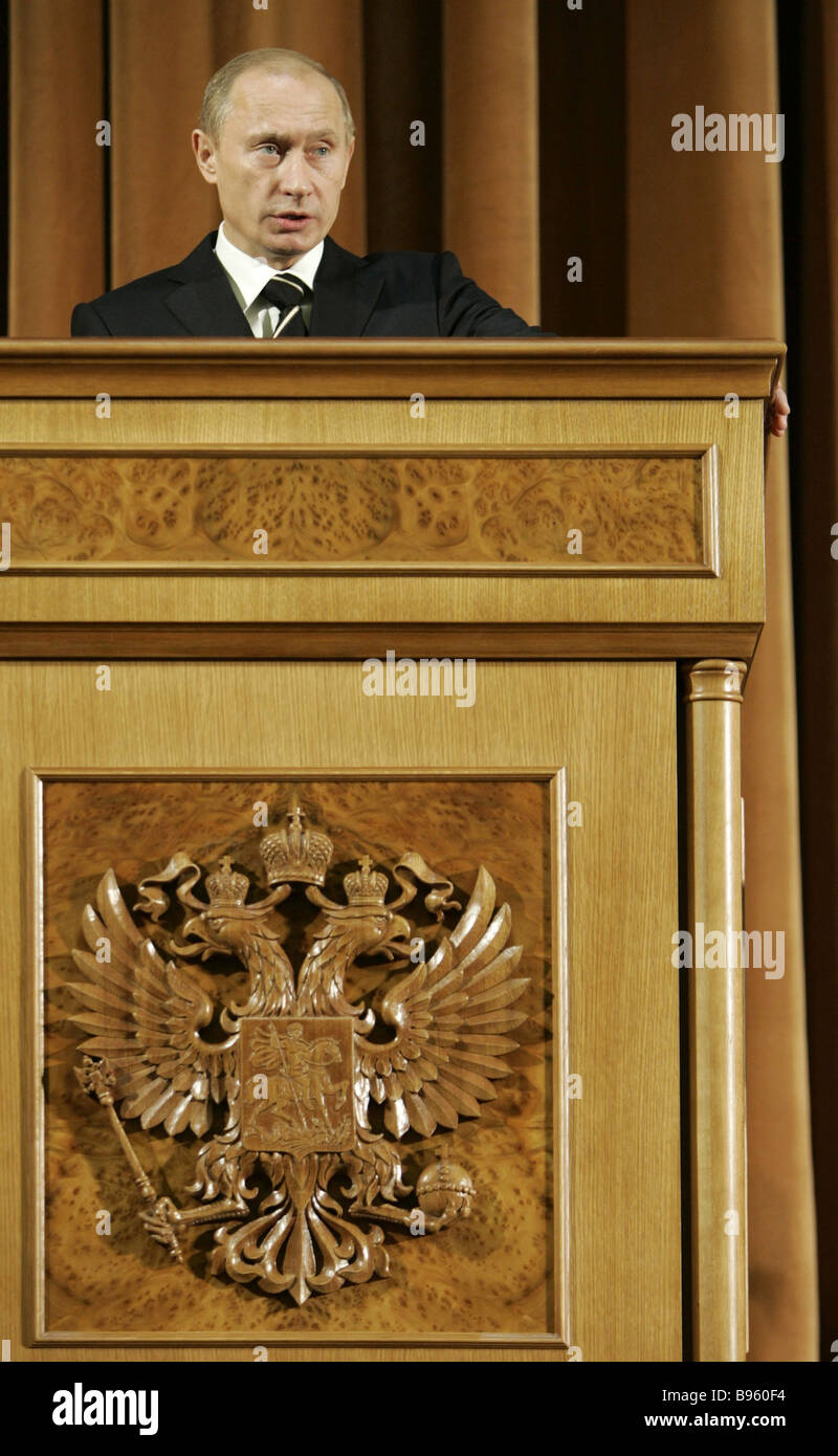 Russian President Vladimir Putin delivering a speech at a meeting of ...