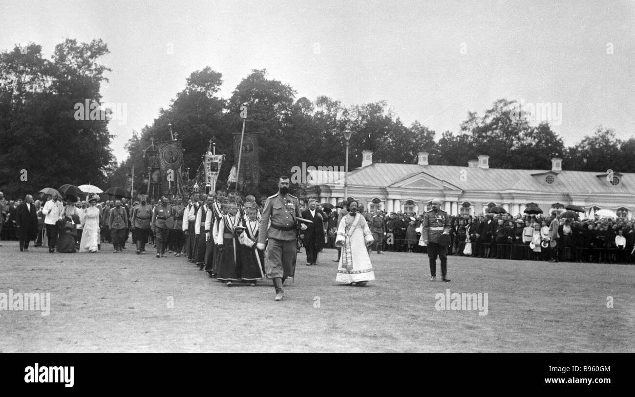 Emperor Nicholas II leading in a procession of the cross on Catherine ...