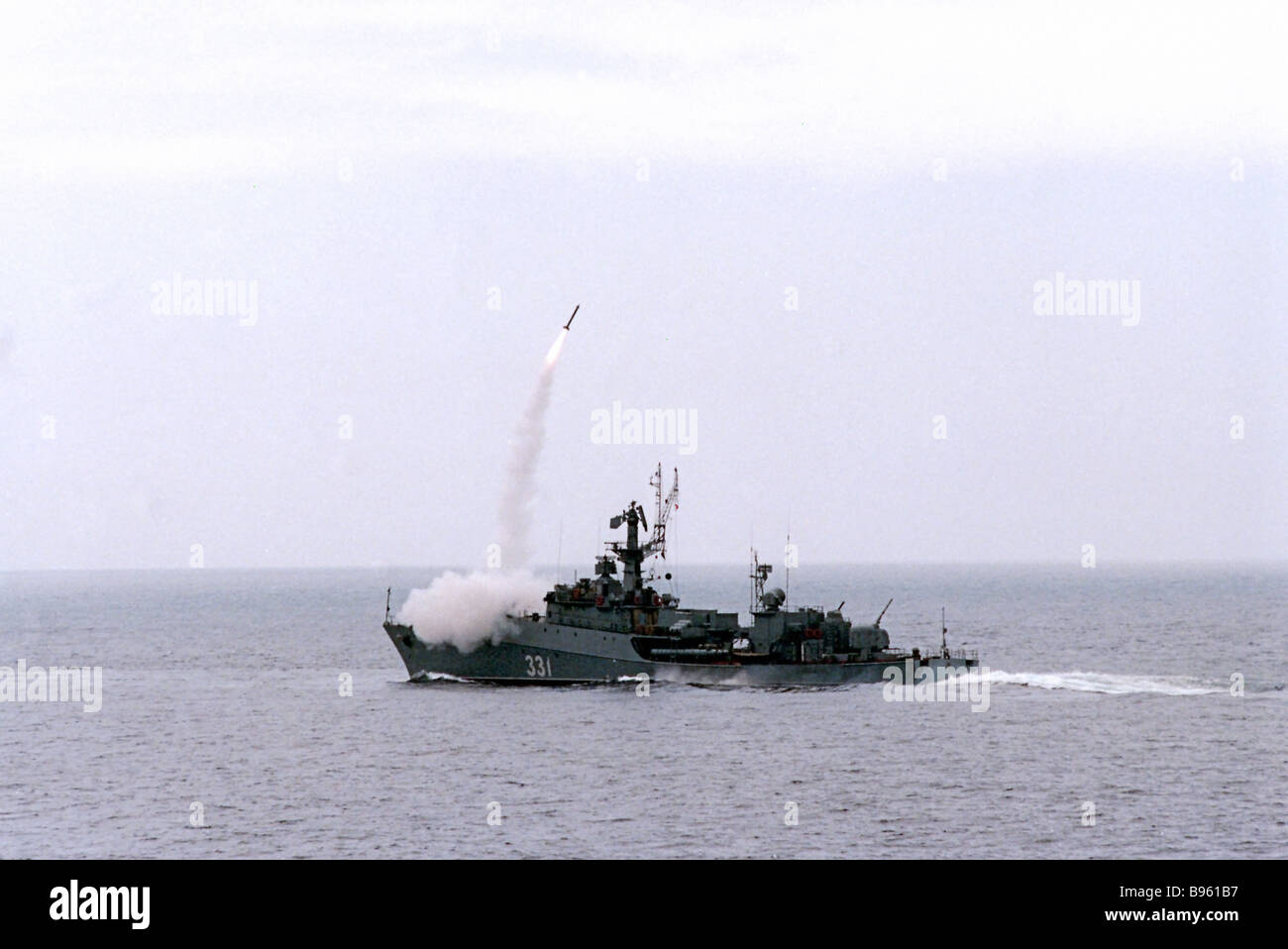A motor-boat launching her guided missile during an exercise of the ...