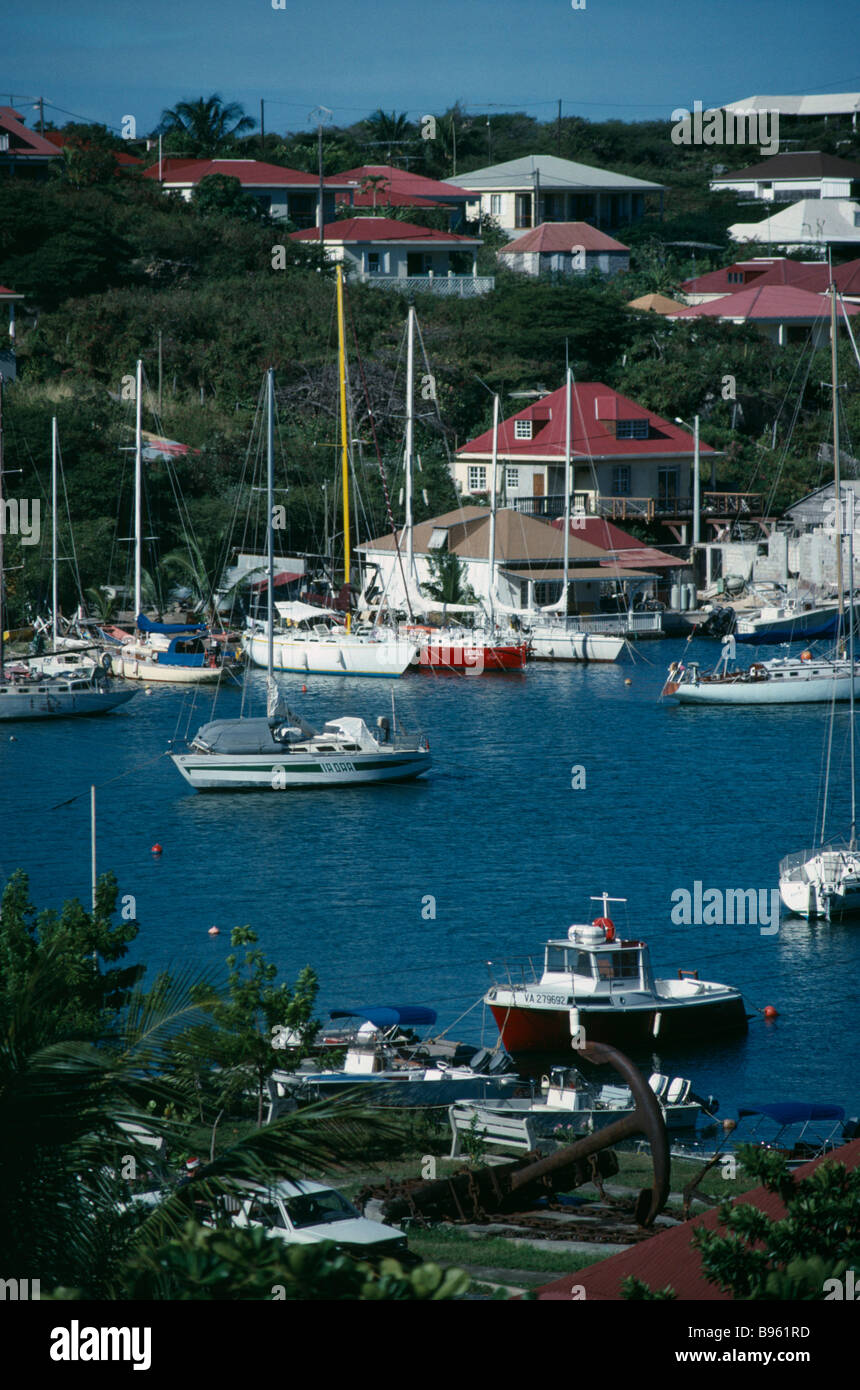 WEST INDIES St Barthelemy Gustavia View over the port with white boats ...