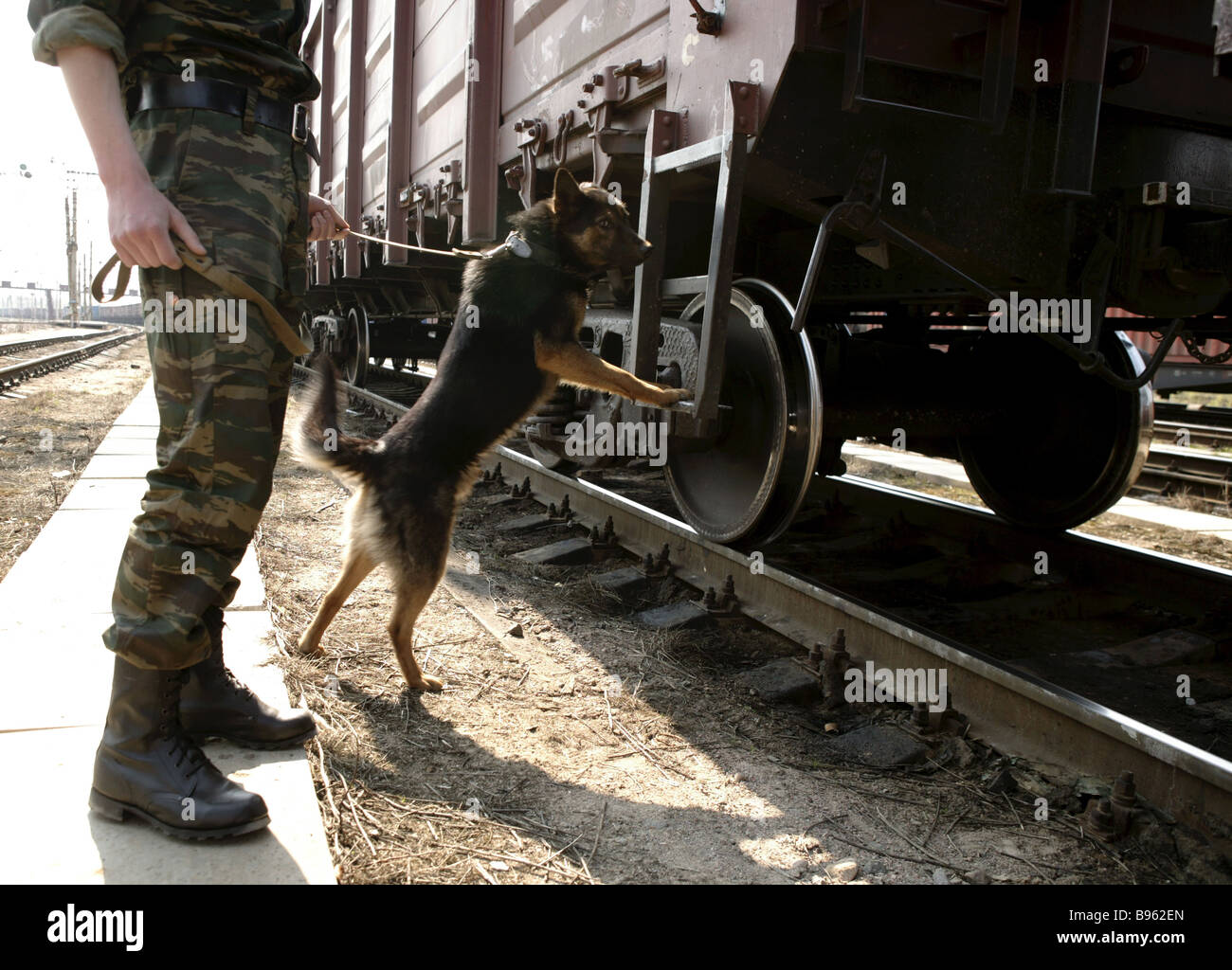 Vyborg border guard unit patrol at the Buslovskaya railroad station ...