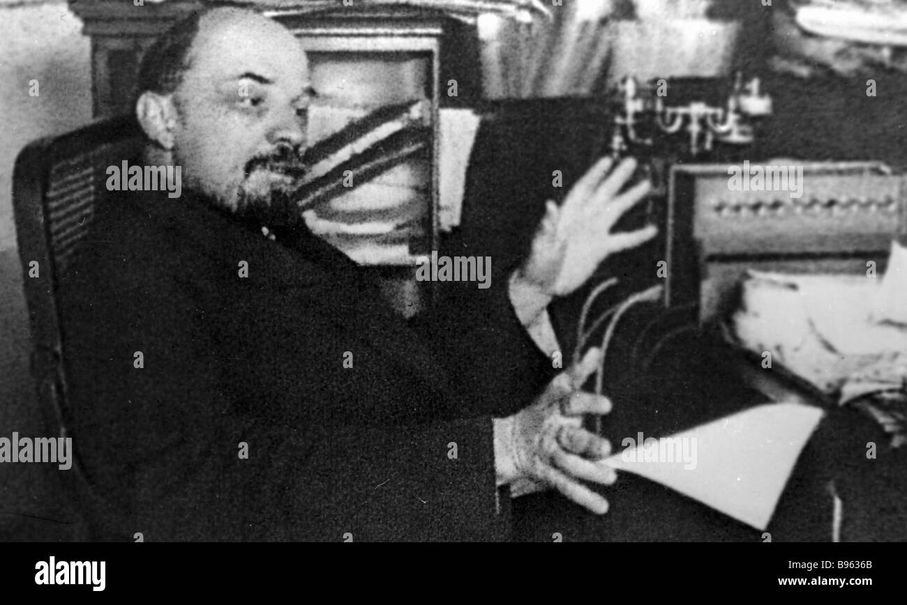 Vladimir Lenin talking to an American journalist in his office in the ...