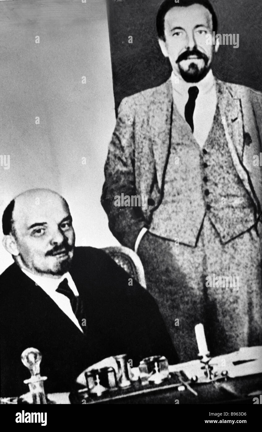 Vladimir Lenin left and Alexei Rykov right attending government session ...