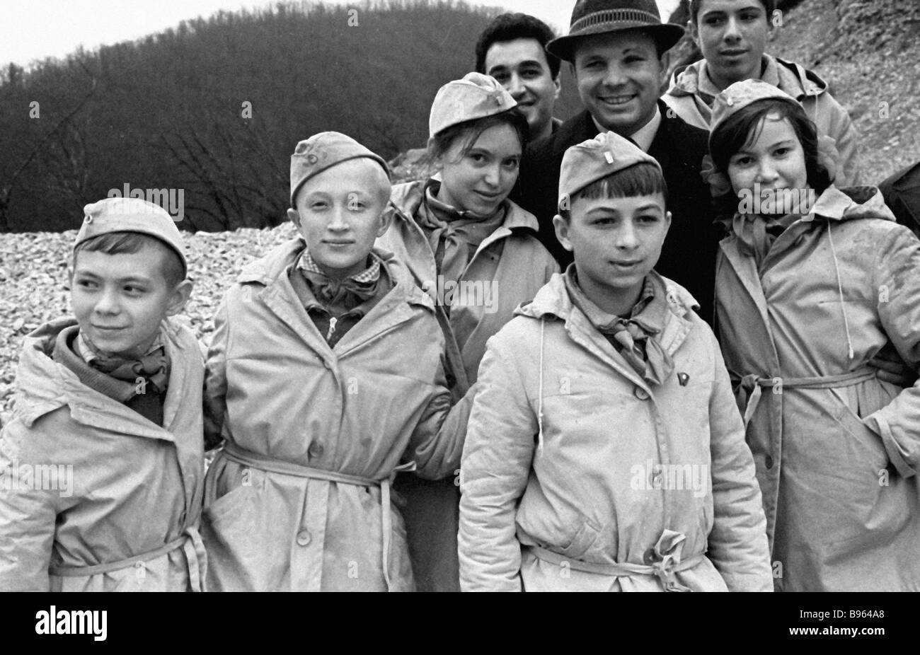 Cosmonaut Yuri Gagarin second row center with pioneers in Artek camp ...