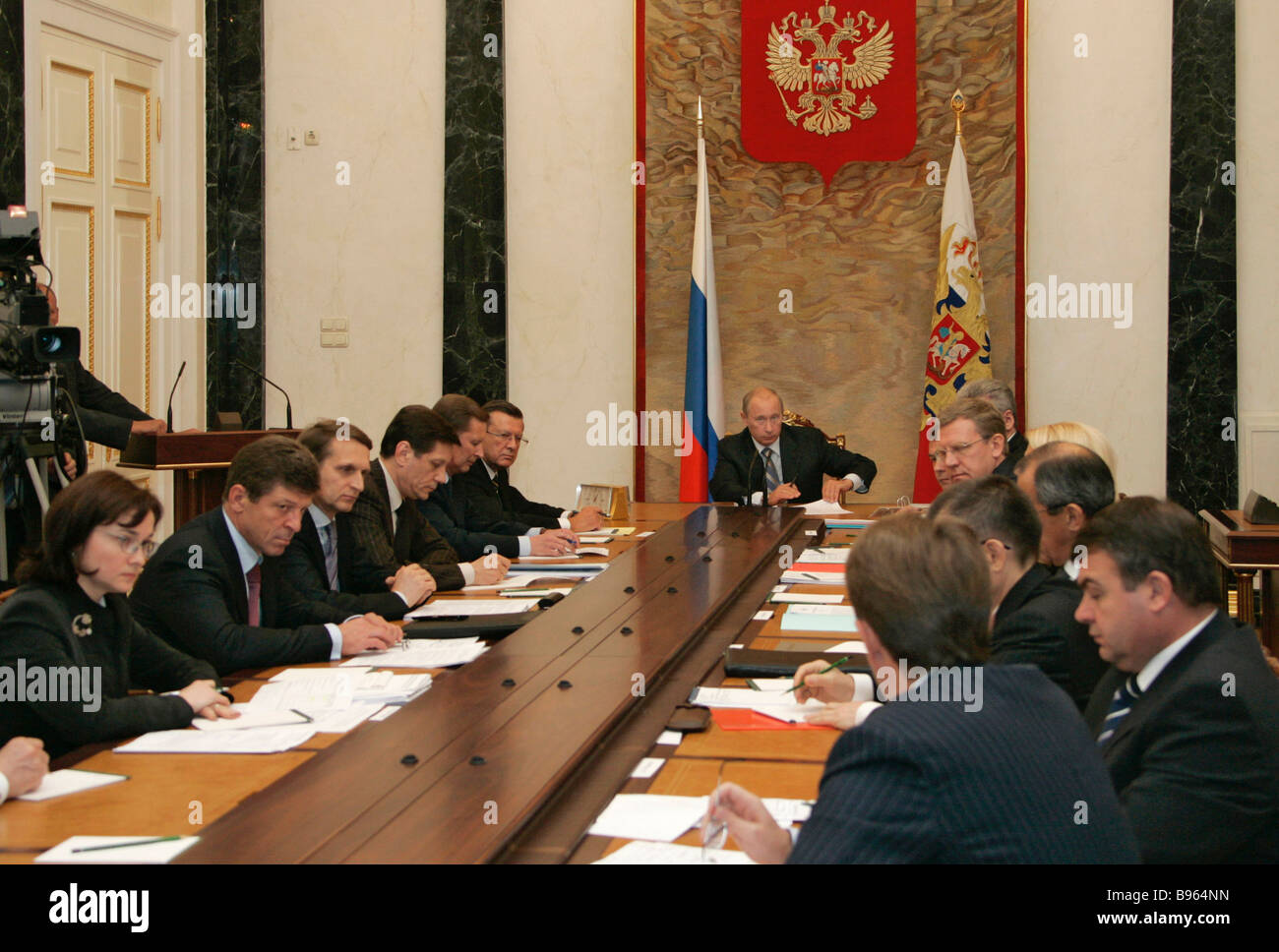 Russian President Vladimir Putin center in the Kremlin at a cabinet ...