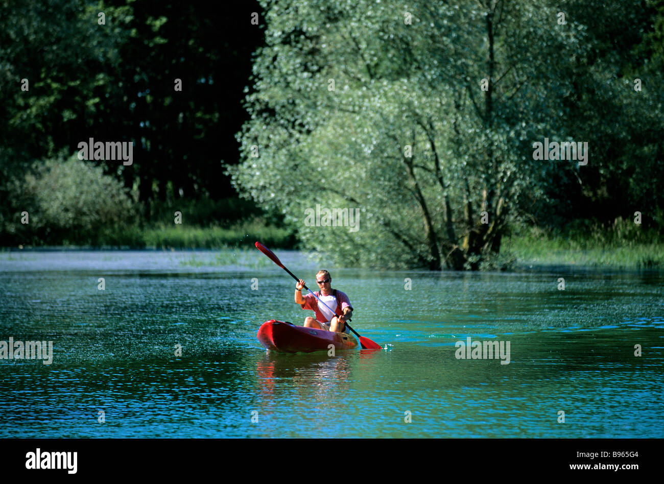 France, Aube, kayak on the lake of Foret d' Orient (Oriental Forest ...