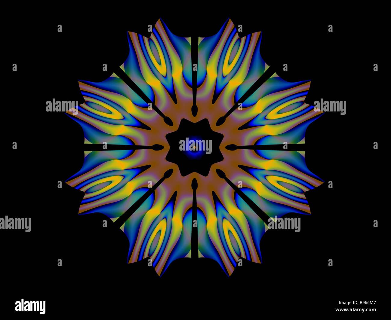 An Arts and Crafts style circular fractal on a black background Stock ...
