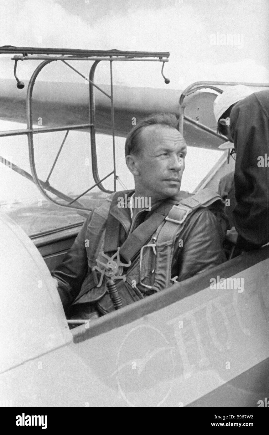 Hero of the Soviet Union test pilot Sergei Anokhin in the cockpit Stock ...