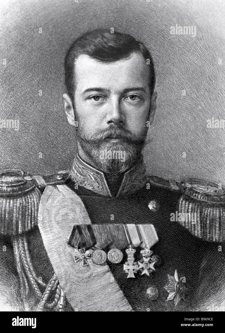 A reproduction of an etching A portrait of Nicholas II by Mikhail V ...