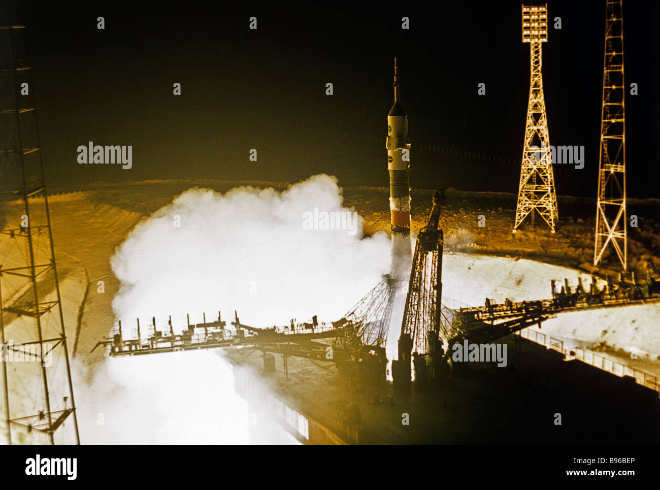 The launch of the Soyuz TM-20 orbital craft at the Baikonur space center on October 4, 1994 ...