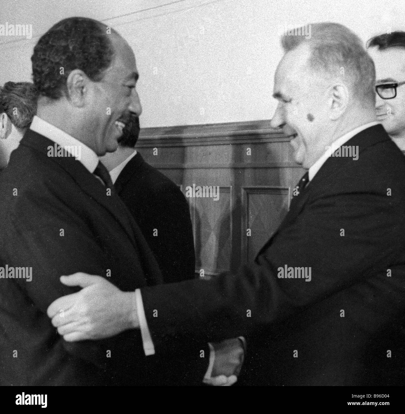 Alexei Kosygin USSR Prime Minister right greets Anvar Sadat United Arab ...
