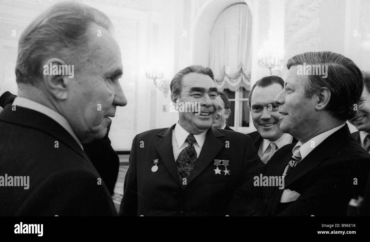 The Soviet Communist Party s General Secretary Leonid Brezhnev center ...