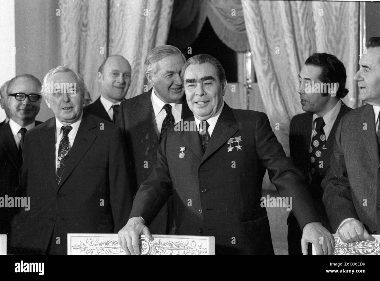 Harold Wilson second from left British prime minister James Callaghan ...