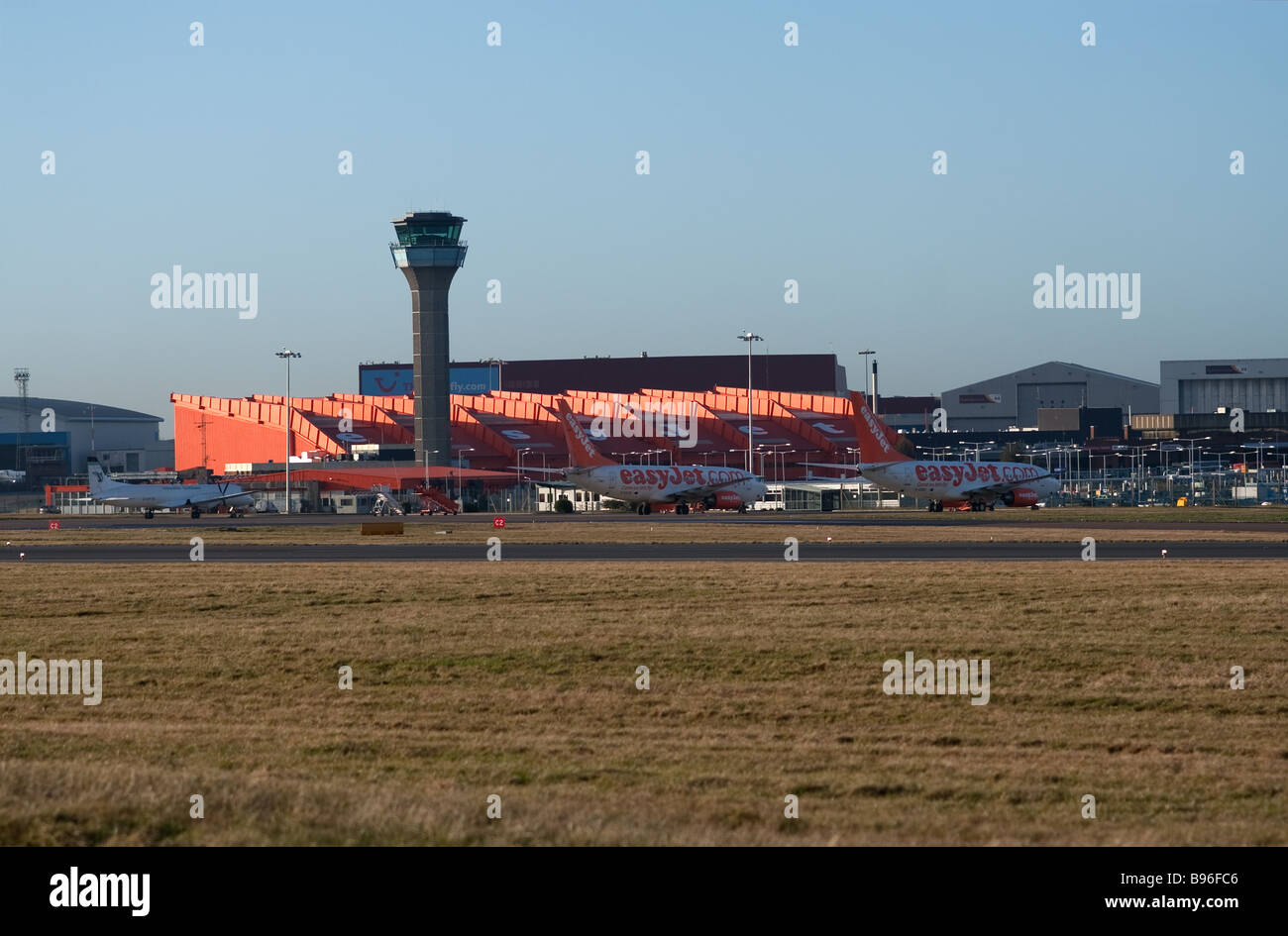 Luton Airport showing runway and control tower Stock Photo - Alamy