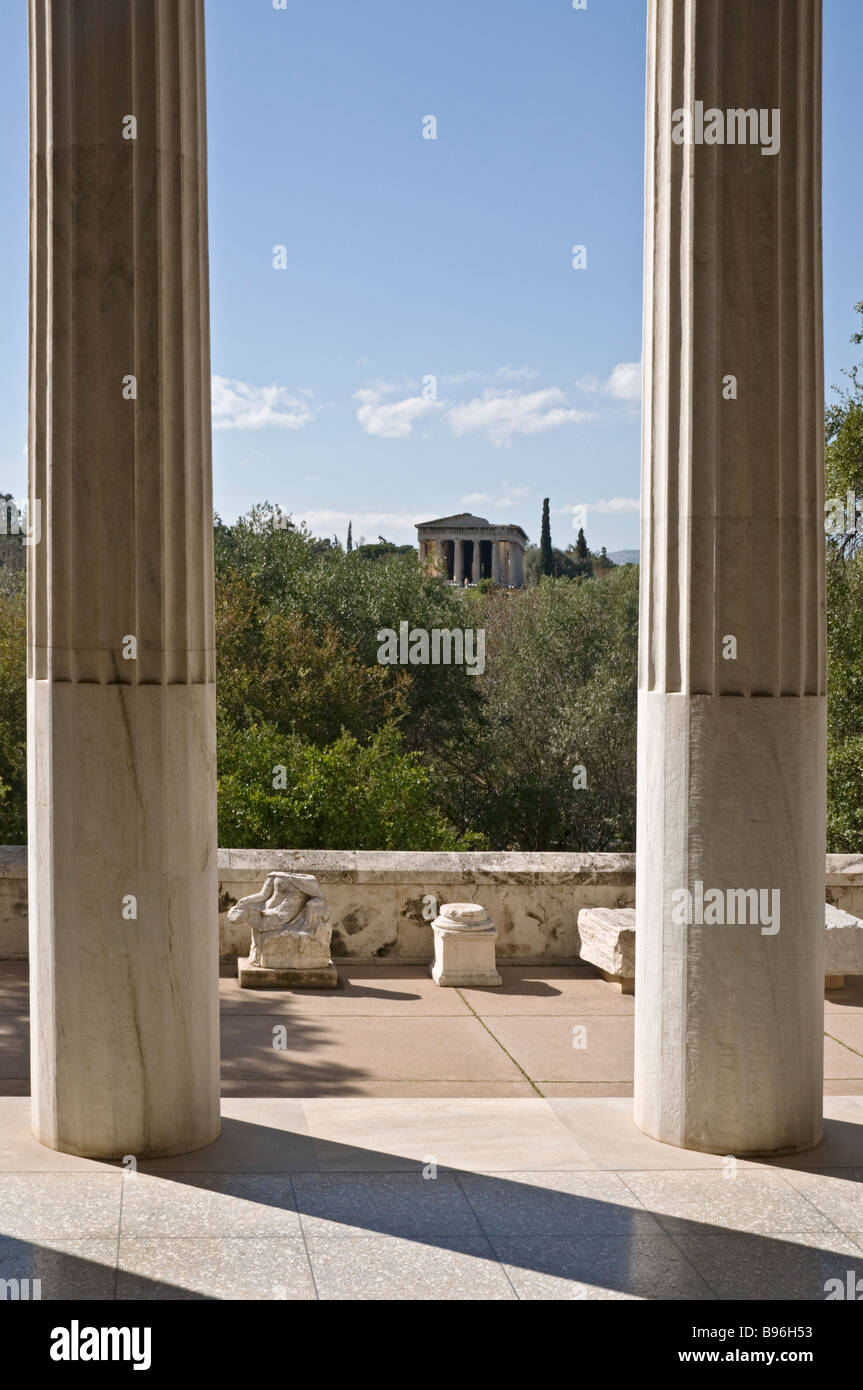 Looking through the colonnaded portico of the Stoa of Attalos towards ...
