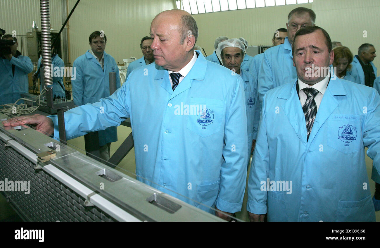 Russian Prime Minister Mikhail Fradkov left visiting Elektromekhanika Research Institute Leonid ...