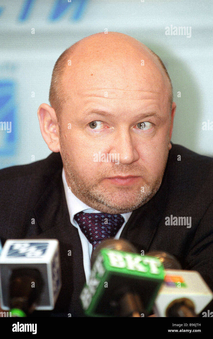 Moscow City Duma speaker Vladimir Platonov attending a news conference ...