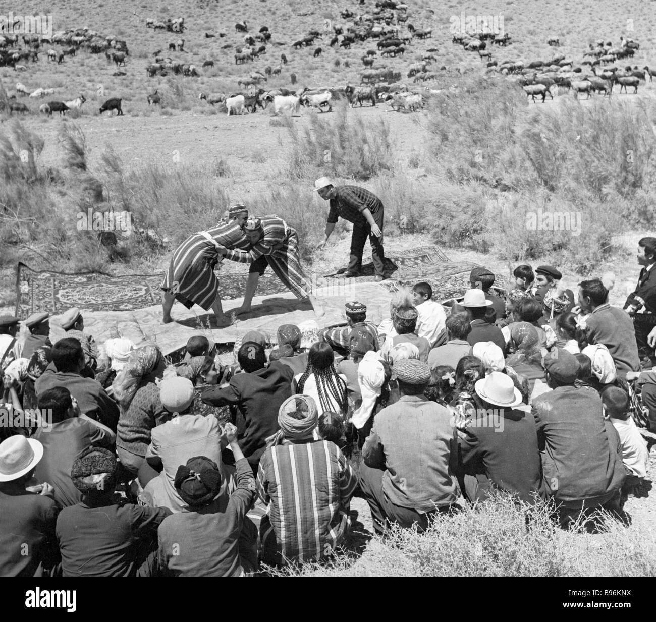 Uzbek shepherds are fond of traditional kuresh wrestling Stock Photo ...