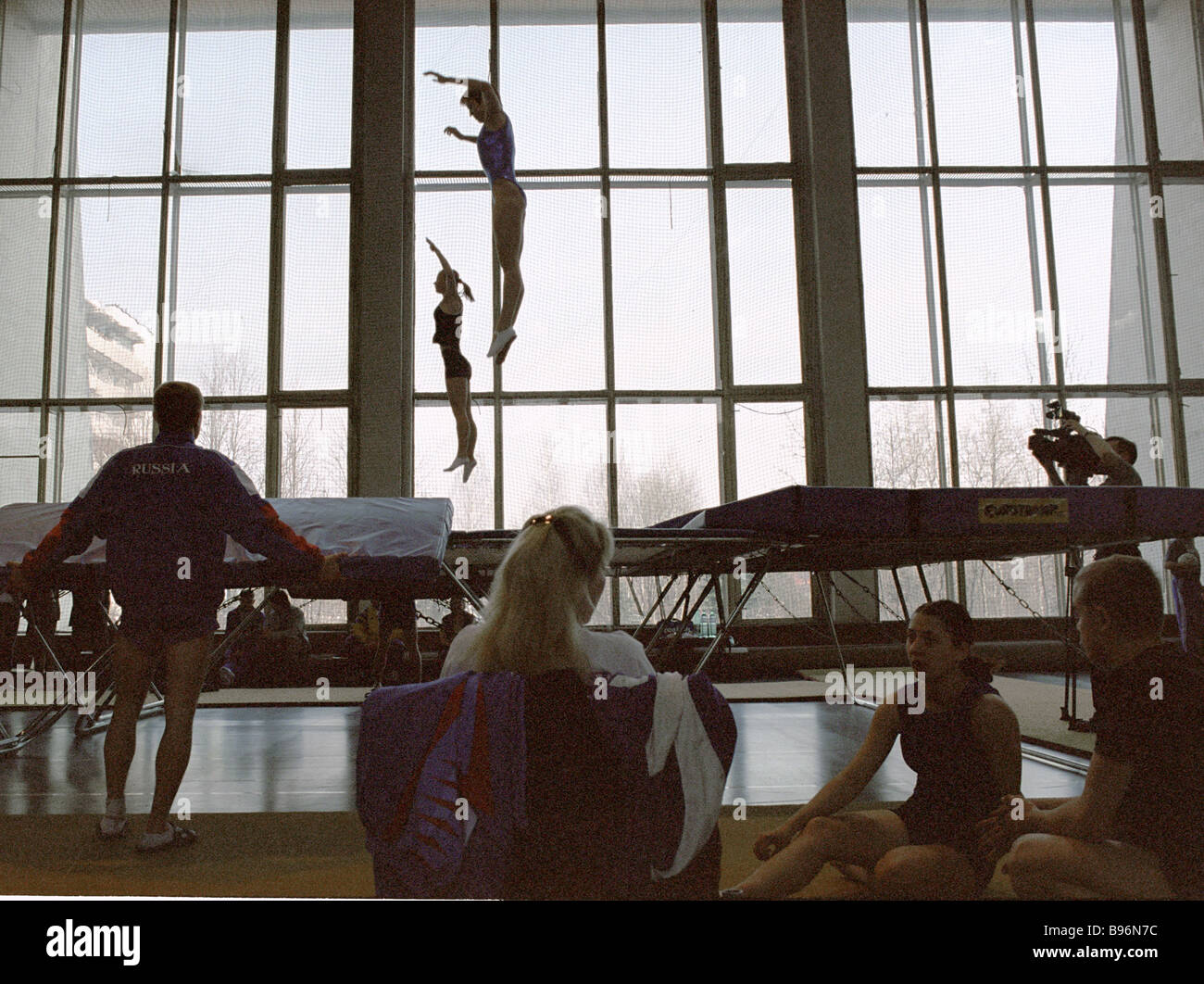Members of the Russian trampoline tumbling team train in a gym Stock ...