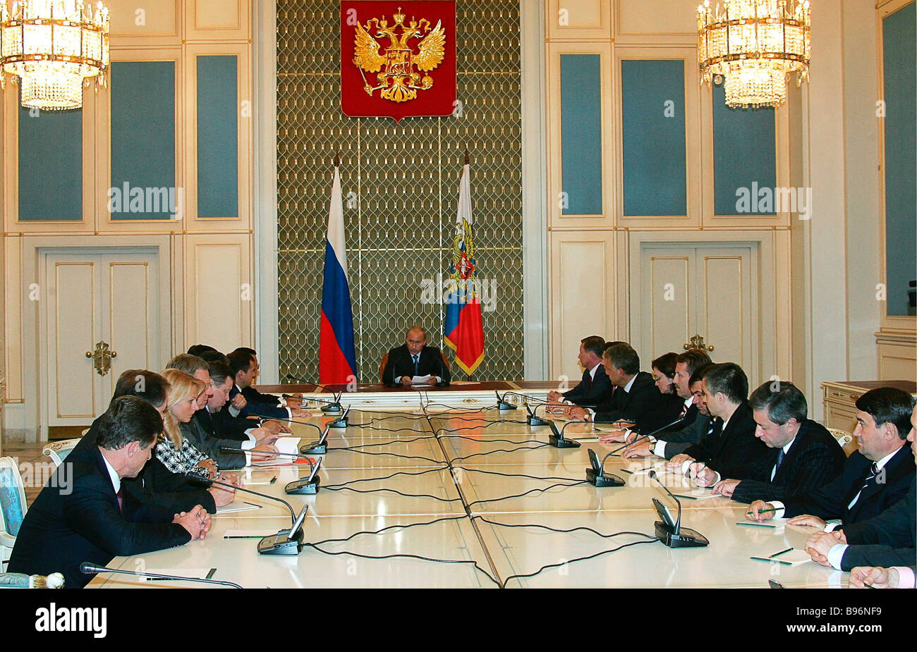 President Vladimir Putin in the center announcing the membership of the new Russian Cabinet ...