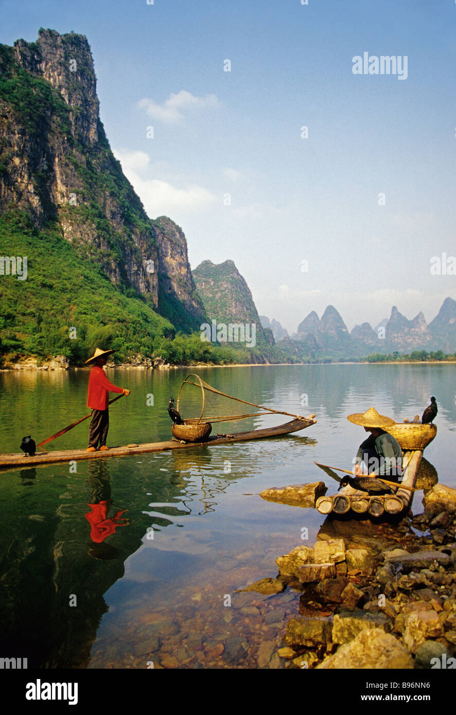 Li River cormorant fishermen on bamboo rafts near Xingping (Guilin area ...