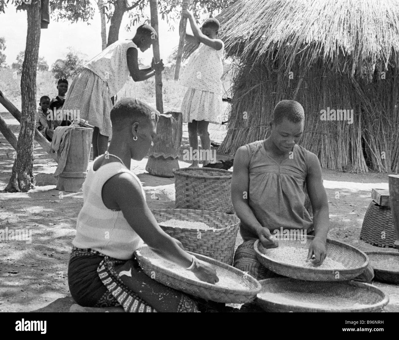 Mozambican villagers processing rice Stock Photo - Alamy