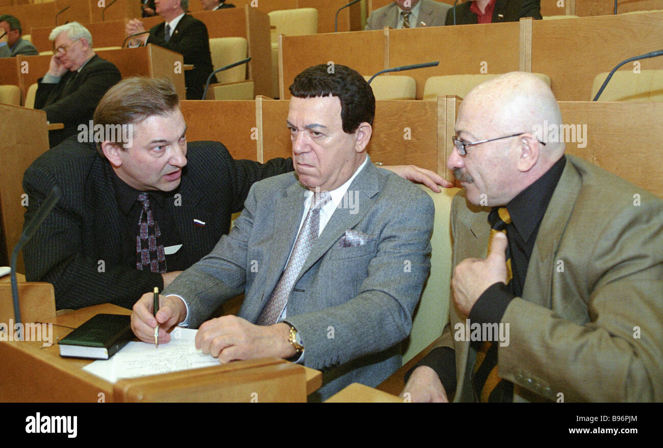 Left to right State Duma members Vladislav Tretyak Iosif Kobzon and ...