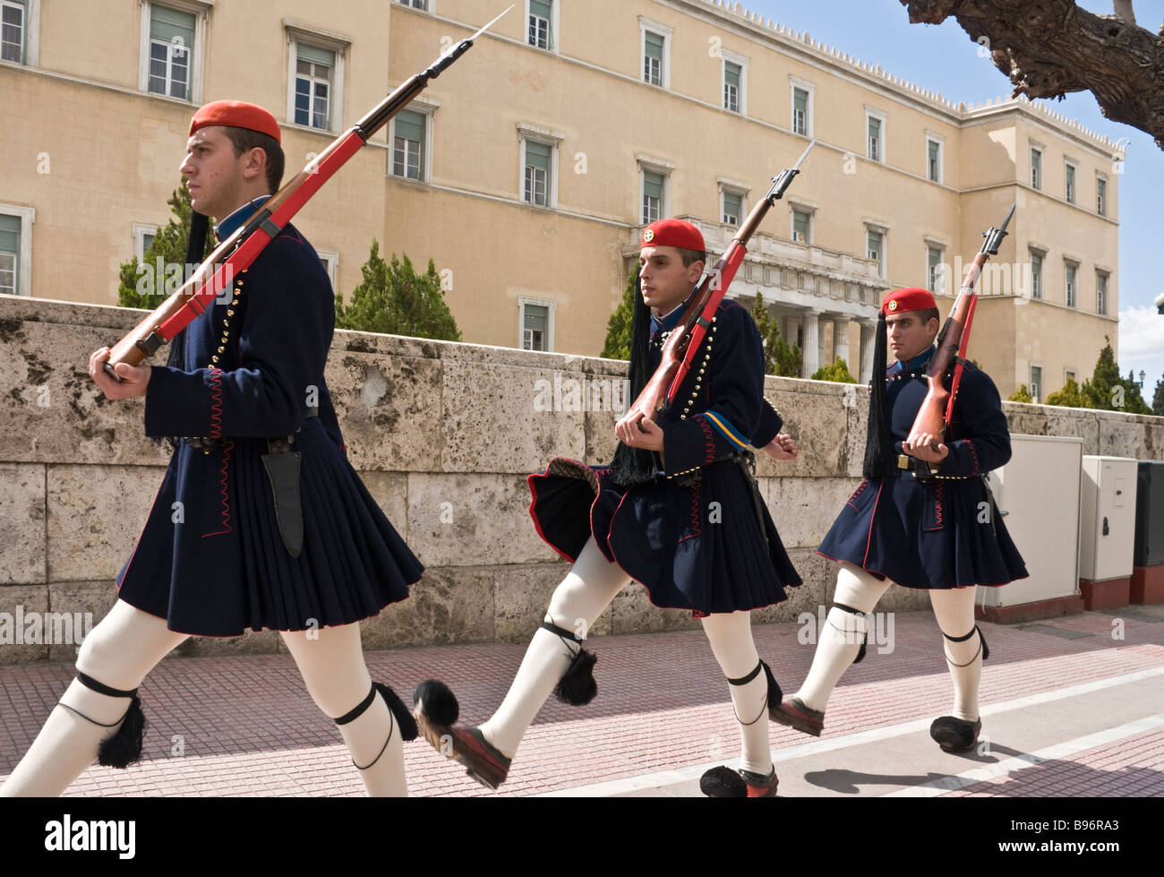 Evzones marching back to barracks from the tomb of the unknown soldier ...