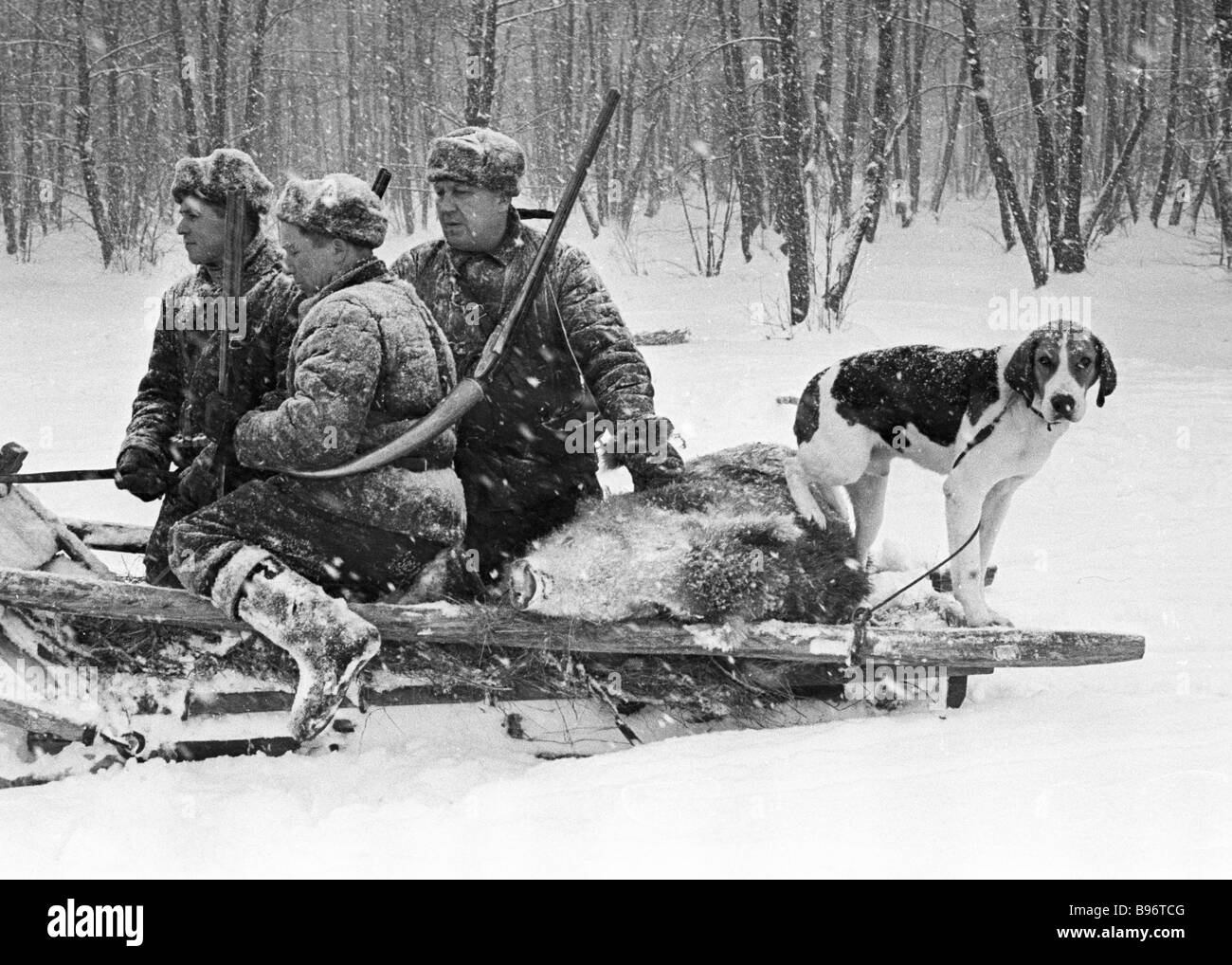 Hunters riding on a sledge Stock Photo - Alamy
