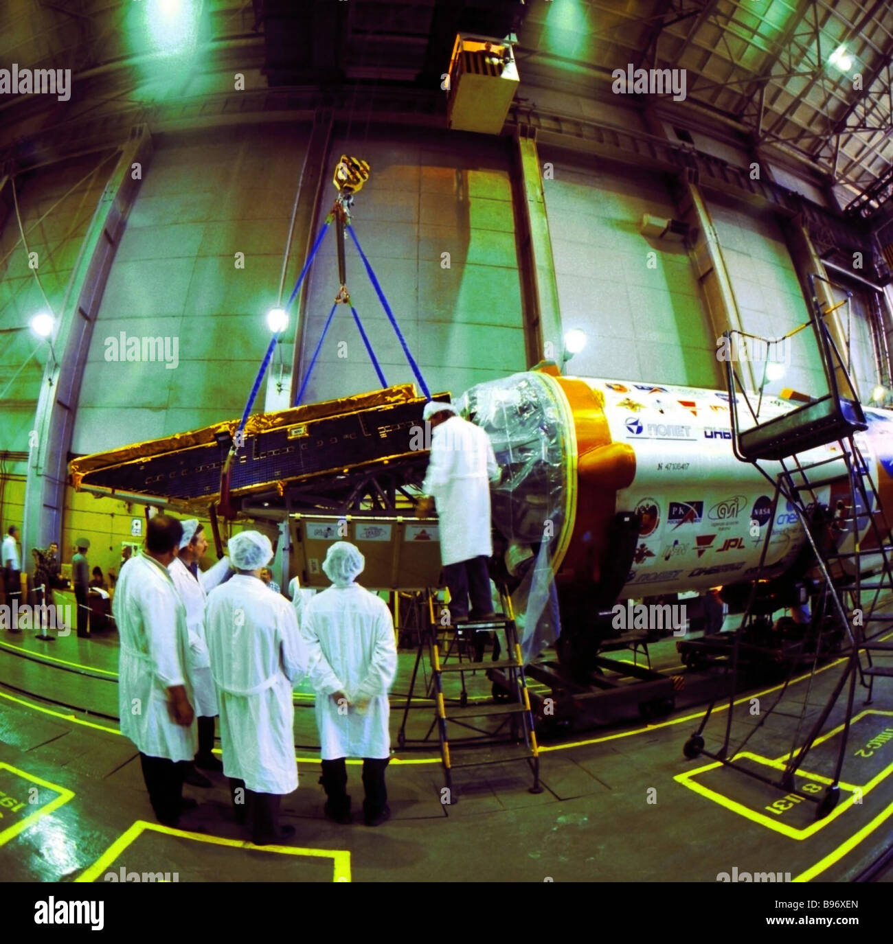 Putting together spacecraft at vehicle assembly building of Plesetsk ...