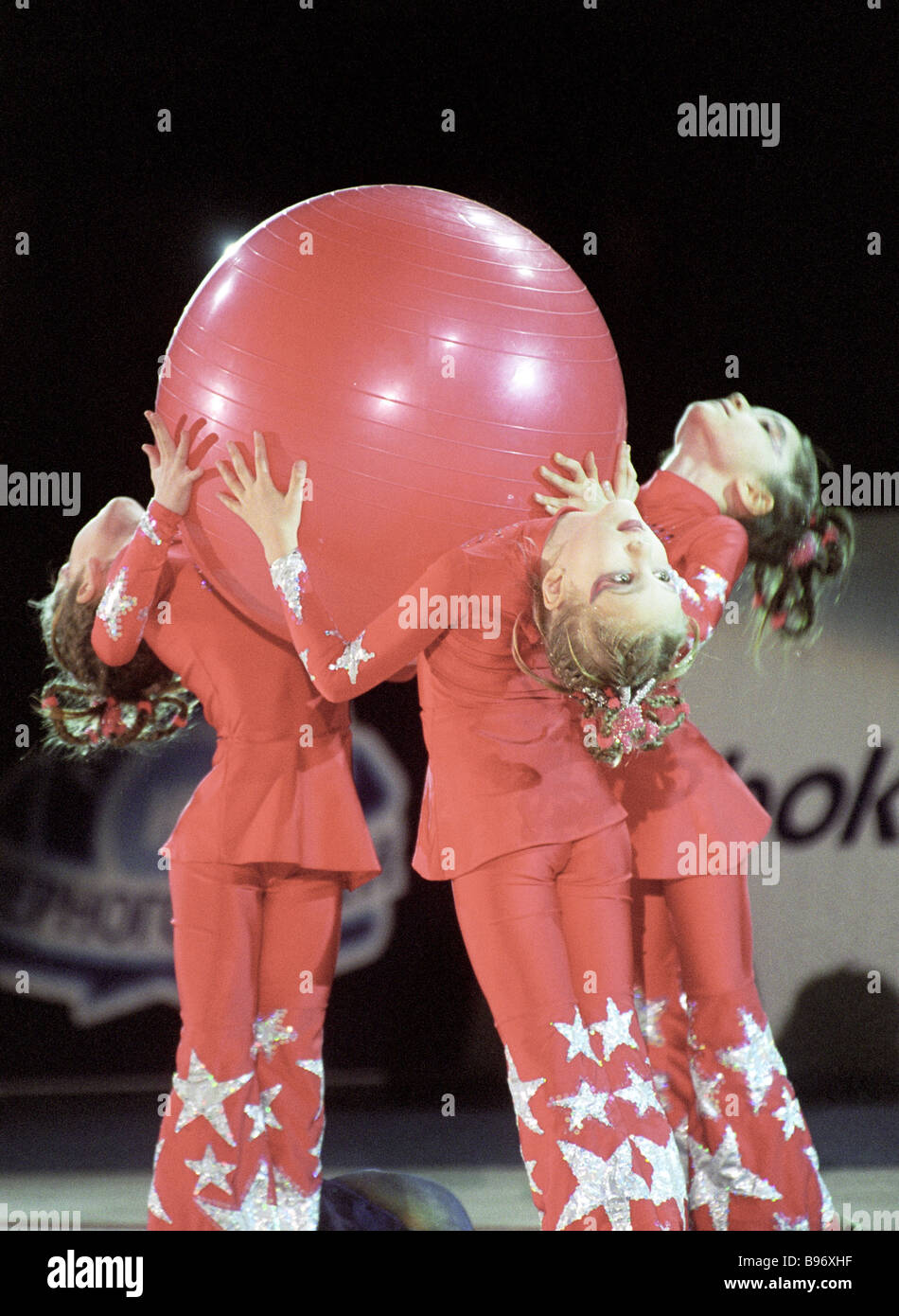 Young gymnasts perform a ball routine international rhythmic gymnastics ...