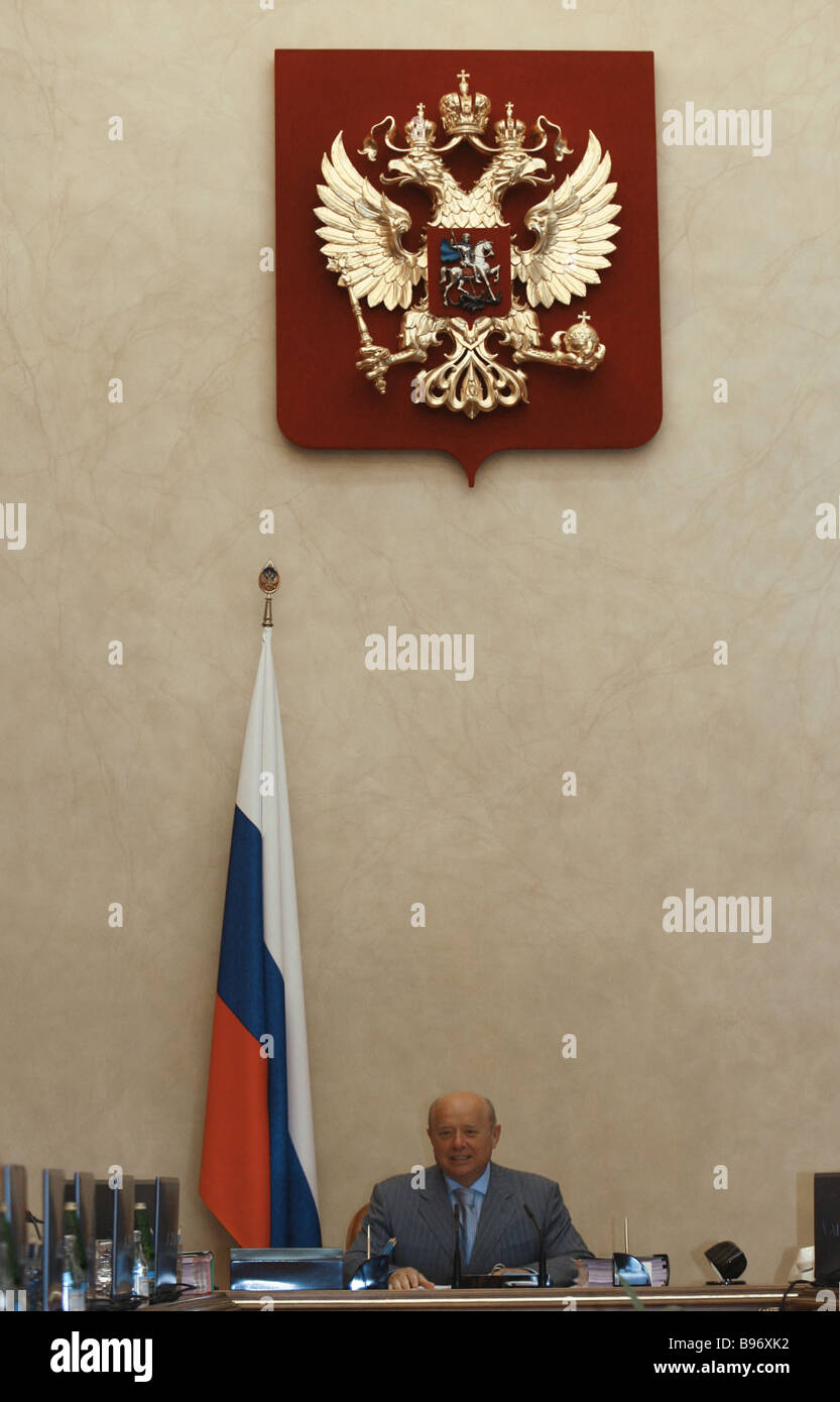 Russian Prime Minister Mikhail Fradkov at a cabinet meeting August 23 ...
