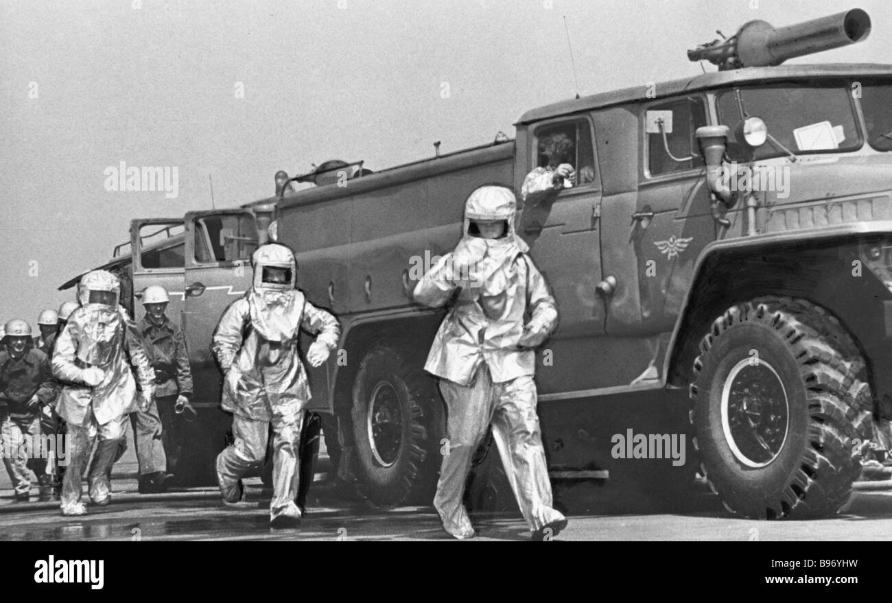A road tanker crew preparing to put out a training fire at Vnukovo ...