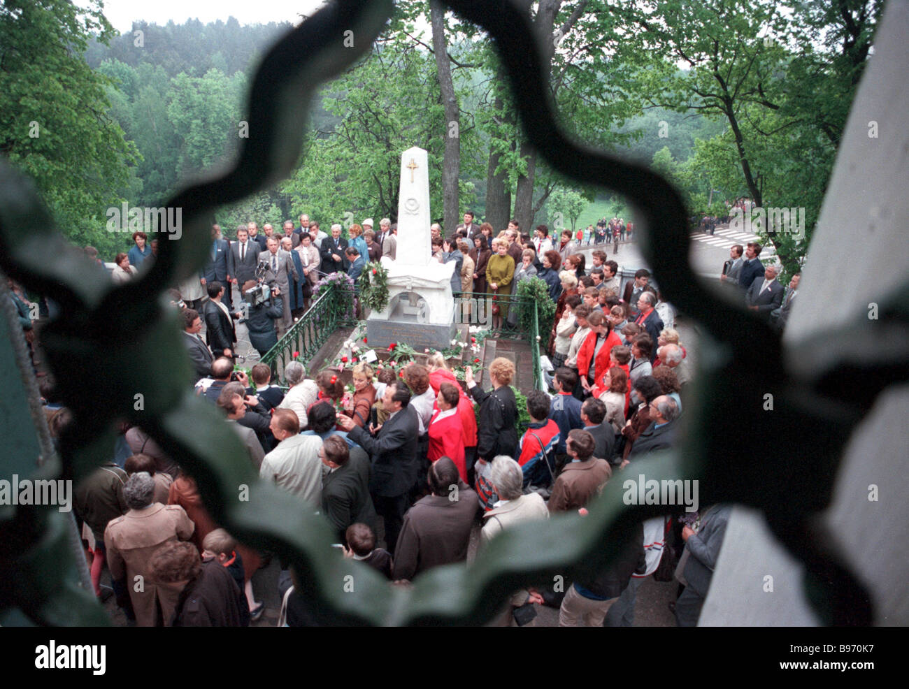 Beside the grave of Alexander Pushkin in Svyatogorsky monastery on the ...
