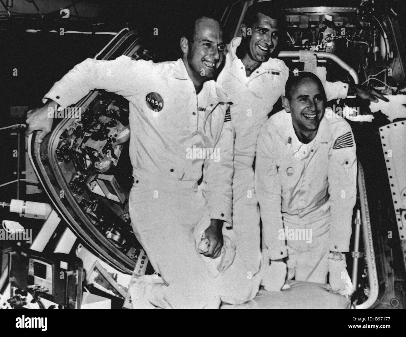 The US Apollo-12 spaceship crew (left to right): commander Charles ...